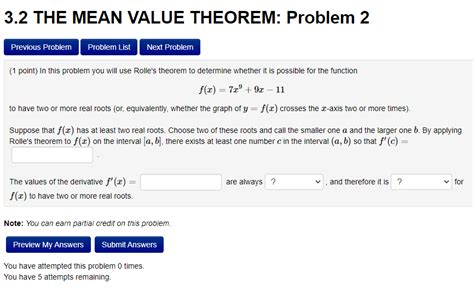 solved 3 2 the mean value theorem problem 2 previous