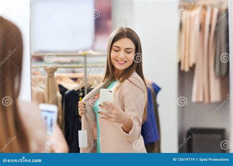 Woman Taking Mirror Selfie By Smartphone At Store Stock Image Image