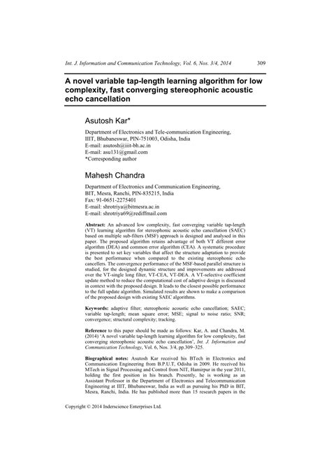 Pdf A Novel Variable Tap Length Learning Algorithm For Low Complexity