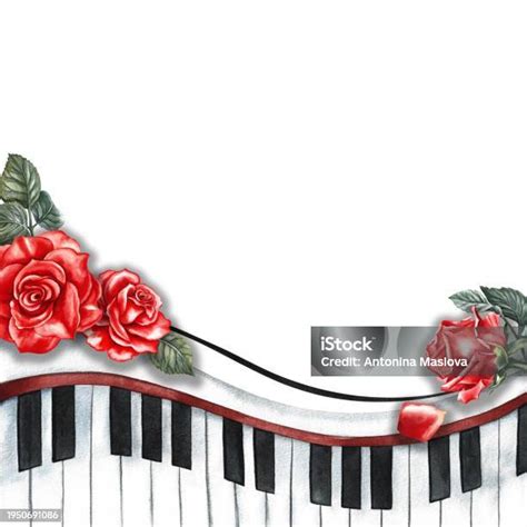 장미로 장식된 음악 피아노 건반이 있는 테두리 프레임 수채화 일러스트는 손으로 그린 것입니다 포스터 전단지 인사말 카드 및 초대장용 포스터 배너 및 엽서용 0명에 대한 스톡