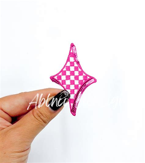 Hot Pink Checkered Diamond Star Embroidery Sequin Patch Ablnco