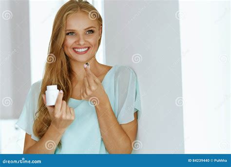 Medicine Beautiful Girl Taking Medication Vitamins Pills Stock