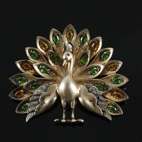 Lot Unsigned Sterling Vermeil Peacock Pin Brooch With Emerald Green
