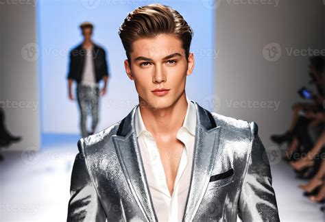 Handsome Caucasian Male Model Struts On A Fashion Show Runway In A