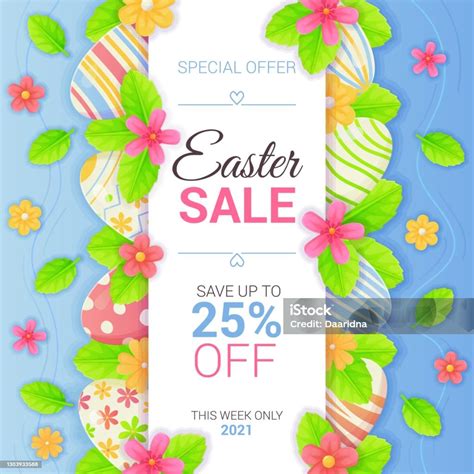 달걀 생명과 꽃수직 부활절 판매 배너 Ppring 시즌 프로모션 할인 된 층 특별 제공 타이포그래피 템플릿 개념 만화 사실적인 스타일의 스톡 벡터 일러스트레이션 3차원