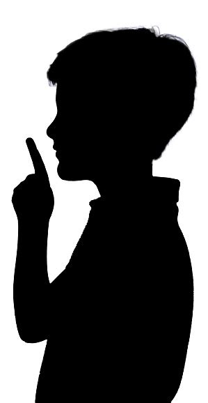 실루엣 감정적 인 십대는 고립 된 흰색 배경에서 검지 손가락을 입에 대고 있습니다 소년의 실루엣 윤곽선은 아무 말도하지 않습니다