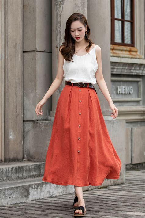 Linen Skirt Linen Midi Skirt Orange Button Front Skirt Womens Linen