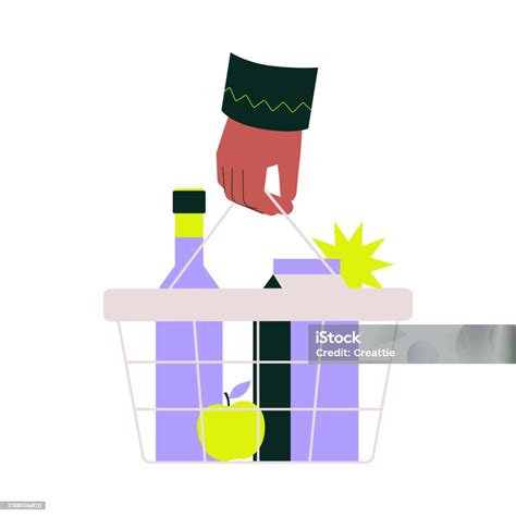 식료품을 가진 쇼핑 바구니를 들고 있는 손 에서 쇼핑 편리함 그리고 생활양식을 상징하는 평면 벡터 일러스트 레이 션 흰색 배경에 고립 된 가득 찬에 대한 스톡 벡터 아트 및