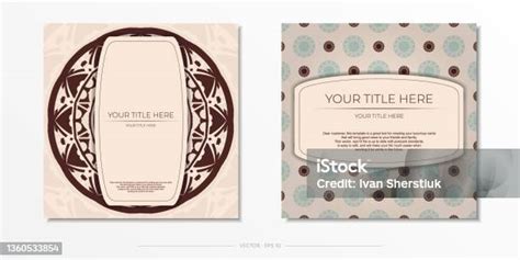 텍스트 및 추상 장식을위한 장소가있는 카드 템플릿을 초대합니다 만다라 패턴이 있는 베이지 색의 엽서의 프린트 를 즉시 디자인합니다 0명에 대한 스톡 벡터 아트 및 기타