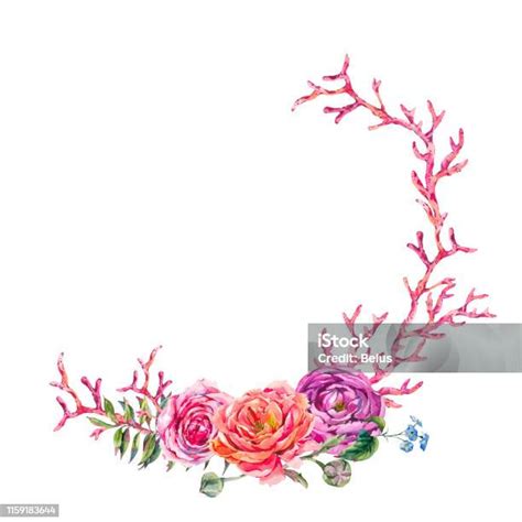 수채화 손 은 흰색 배경에 고립 된 분홍색 장미 붉은 산호와 함께 Wteath를 그린 0명에 대한 스톡 벡터 아트 및 기타