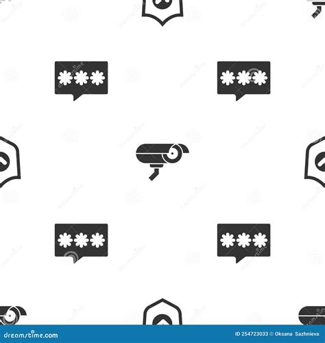 Set Shield With Check Mark Security Camera And Password Protection On Seamless Pattern Vector