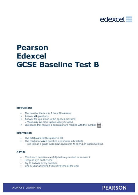 Gcse Maths Baseline Test B Pearson Edexcel Gcse Baseline Test B Instructions The Time For The
