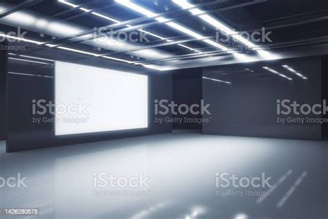벽에 빈 흰색 모의 포스터가있는 현대적인 미래 지향적 인 갤러리 인테리어 3d 렌더링 어두운 색에 대한 스톡 사진 및 기타