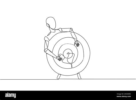 Single One Line Drawing Robot Hugging Arrow Board Target Sharpen The Robots Artificial