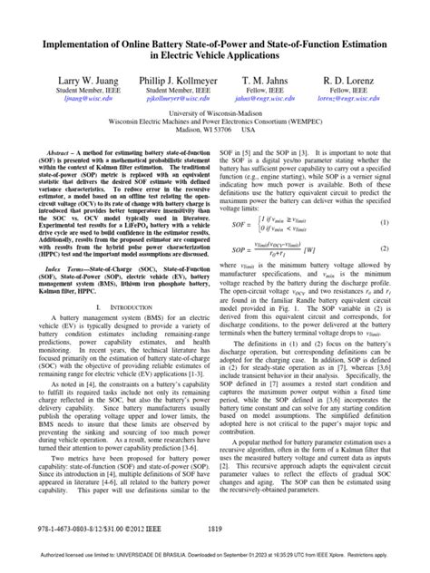 Implementation Of Online Battery State Of Power And State Of Function Estimation In Electric