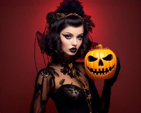 Premium Photo Woman Wearing Witch Costume Holding A Pumpkin