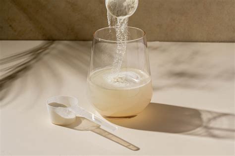 단백질 파우더는 물 한 컵에 계량 스쿱과 함께 첨가됩니다 영양 및 식품 보조제 가루눈에 대한 스톡 사진 및 기타 이미지