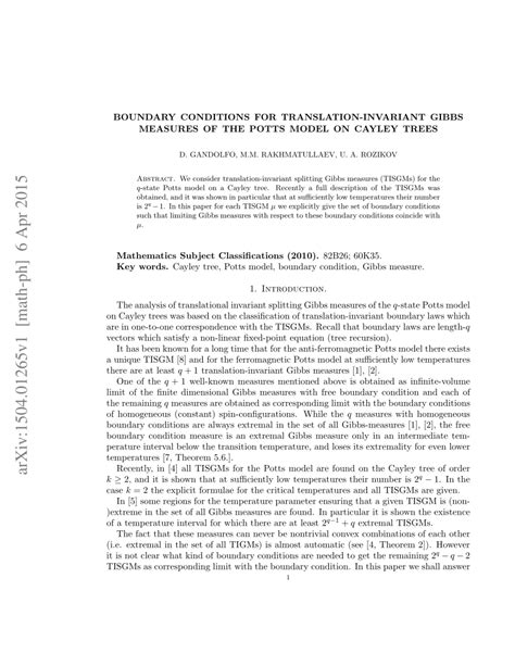 Pdf Boundary Conditions For Translation Invariant Gibbs Measures Of The Potts Model On Cayley