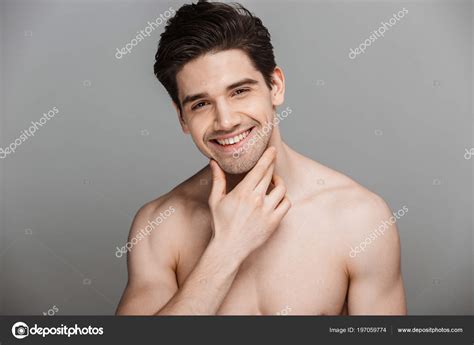 Beauty Portrait Half Naked Laughing Young Man Looking Camera Isolated