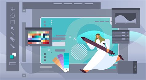 웹 사이트 사용자 인터페이스 그래픽 디자인 Ui 크리에이티브 서비스를 만드는 그래픽 편집기 맨에 펜으로 디자이너 그리기 디자인 전문가에 대한 스톡 벡터 아트 및 기타 이미지