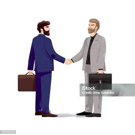 악수 잘 손질 모양 수염 가죽 포트폴리오와 비즈니스 정장에 2 명의 심각한 실업가 2명에 대한 스톡 벡터 아트 및 기타 이미지 2명 개념 경영자 Istock