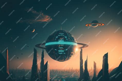 행성 일러스트 고해상도 우주 성간 여행 Ufo 외계인 미래의 도시 고층 빌딩 우주선 Ai의 형태로 우주선 프리미엄 사진