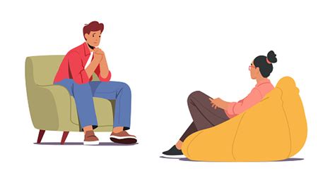 우울한 남자는 전문적인 도움을 위해 심리학자 약속에서 소파에 앉아 의사와 이야기하는 의사 전문가 요법에 대한 스톡 벡터 아트 및 기타 이미지 Istock