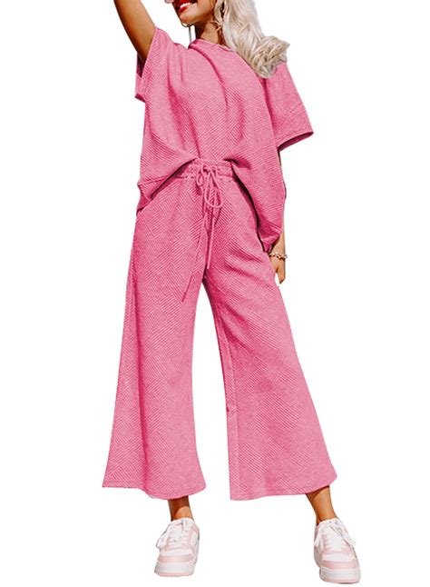 Aleumdr Womens Textured 2 Piece Outfit Casual Loose Fit Short Sleeve