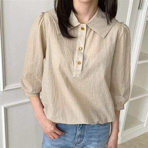 여성 세라 세일러카라 단추 반오프 허리스트링 밴딩 7부 퍼프소매 여름 블라우스 베이지