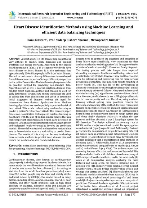 Heart Disease Identification Methods Using Machine Learning And Efficient Data Balancing