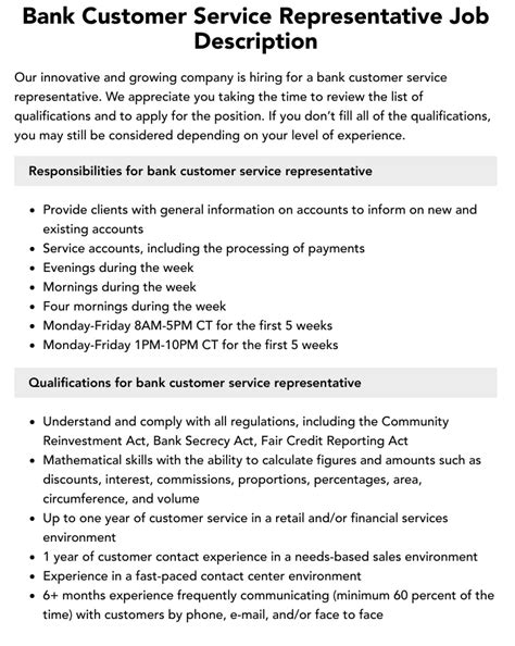Bank Customer Service Representative Job Description Velvet Jobs