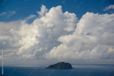 The Blue Sea The Blue Sky And The Dynamic White Clouds View Of Keelung Island From Jiufen