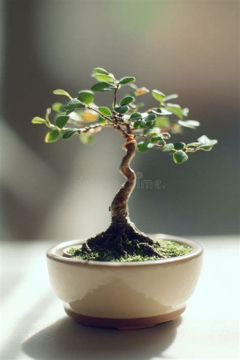 A Small Evergreen Tree Grown In A Shallow Container Placed On A Table