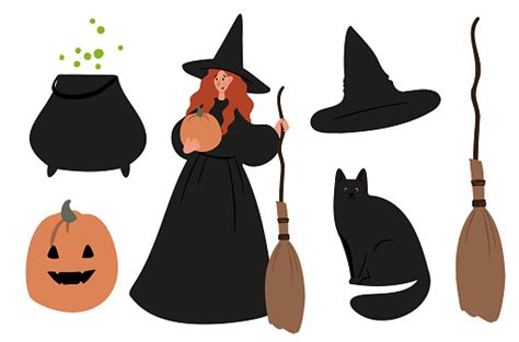 해피 할로윈 일러스트레이션 세트 의상 벡터 클립 아트의 캐릭터 어린이 마녀 유령 해골 애완용 고양이 개 호박 얼굴 박쥐 거미 플랫 스타일 이미지 10월에 대한 스톡 벡터