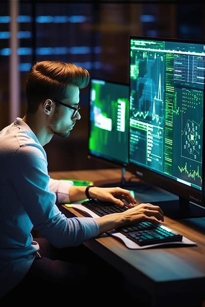 Focused Young Male Programmer Working On Multiple Computer Screens With
