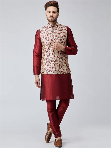 Readymade Kurta Pajama With Printed Nehru Jacket In Maroon Atelier