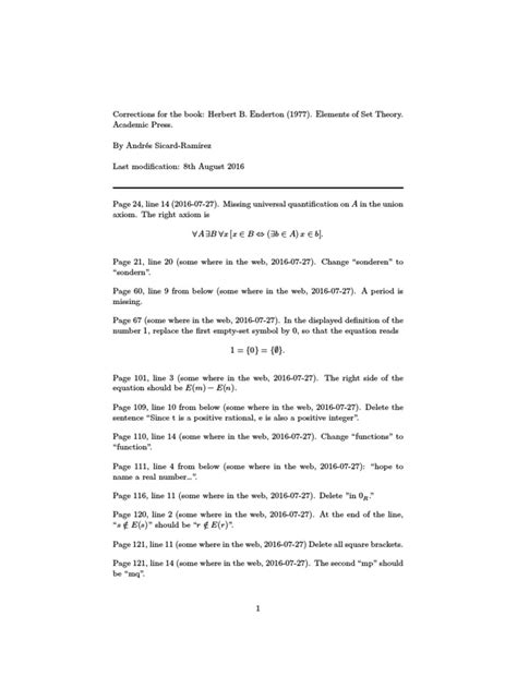 Erratas Elements Of Set Theory Herbert Enderton Pdf Empty Set