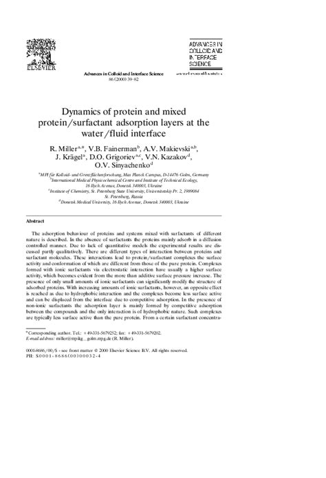 Pdf Dynamics Of Protein And Mixed Proteinsurfactant Adsorption Layers At The Waterfluid