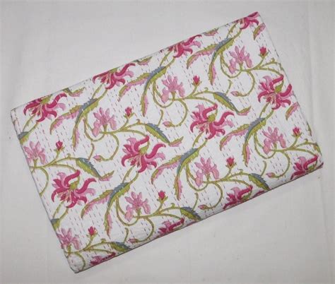 Indian Kantha Quilt Handmade Floral Pink Kantha Bedcover Etsy