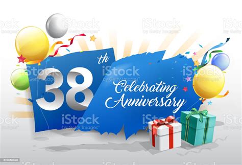 화려한 색종이와 빛나는 요소와 파란색 배경에 풍선 38 주년 기념 행사 생일 파티에 대 한 디자인 서식 파일입니다 공휴일에 대한