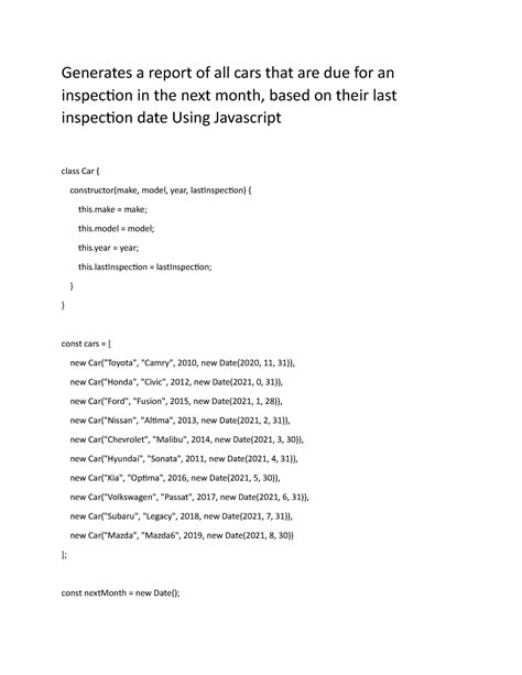 Comp Assign Javascript Generates A Report Of All Cars That Are