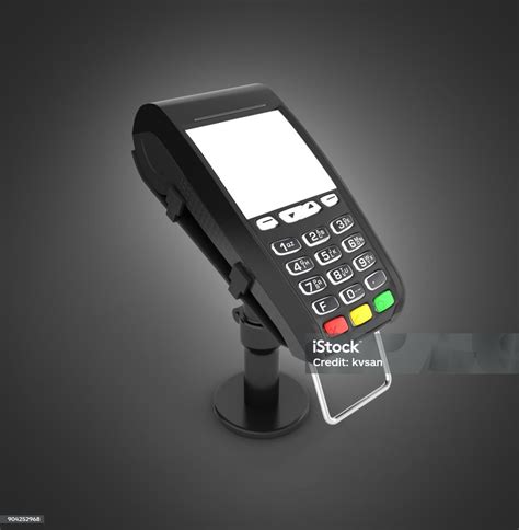 카드 결제 터미널 Pos 단말기 블랙 그라데이션 배경 3d 렌더링에 고립 된 빈 화면 계산대에 대한 스톡 사진 및 기타 이미지