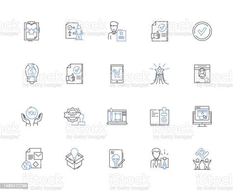 마케팅 개요 아이콘 모음입니다 광고 프로모션 브랜딩 캠페인 홍보 소비자 판매 벡터 및 일러스트레이션 개념 세트 소셜 디지털 미디어 선형 표지판 시작 버튼에 대한 스톡 벡터