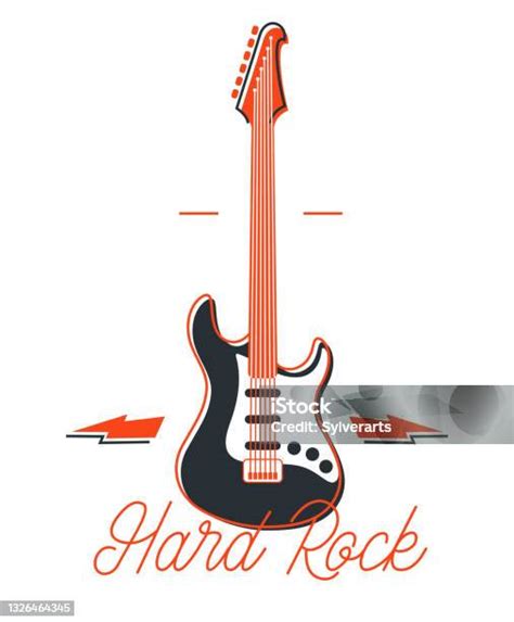 하드 록 과 헤비 메탈 엠블럼 또는 로고 벡터 플랫 스타일 일러스트 고립 번개 볼트와 일렉트릭 기타 녹음 레이블 이나 스튜디오 또는 음악 밴드에 대 한 로고 타입 기타