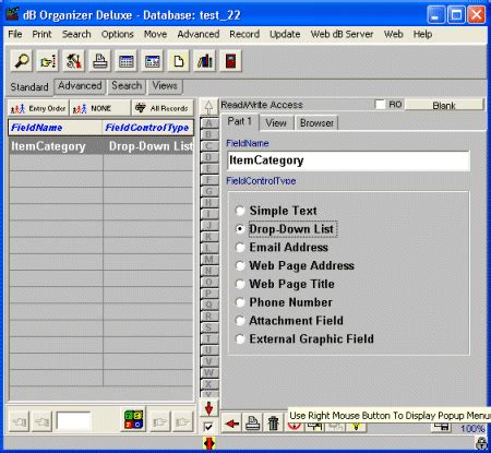 Organizer Deluxe Pro Build Database Radio Button Field