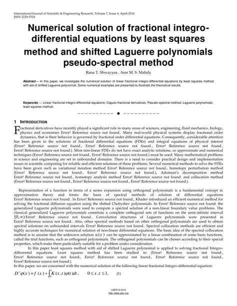 Pdf Numerical Solution Of Fractional Integro Differential Equations