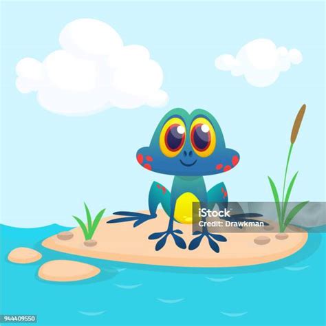 개구리 만화 캐릭터 강 또는 연못 또는 호수 배경 가운데 바닥에 앉아 화려한 벡터 일러스트 레이 션 0명에 대한 스톡 벡터 아트 및 기타 이미지 Istock