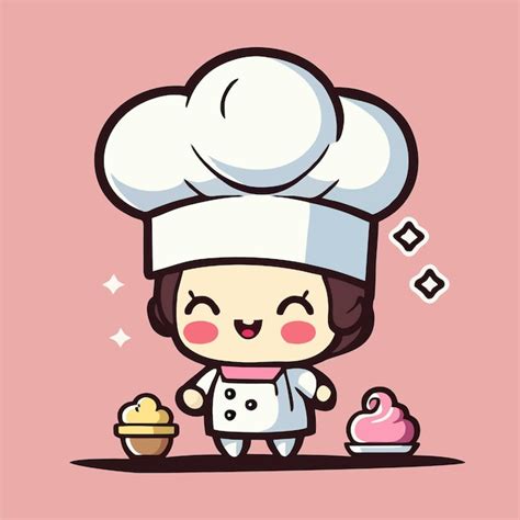 컵케이크와 분홍색 배경을 가진 귀여운 요리사 소녀의 만화 프리미엄 벡터