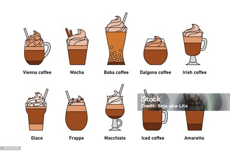 이름이 있는 다양한 유형의 커피 음료로 설정된 평면 벡터 아이콘입니다 아이스 커피에 대한 스톡 벡터 아트 및 기타 이미지 아이스 커피 유리잔 컵 Istock