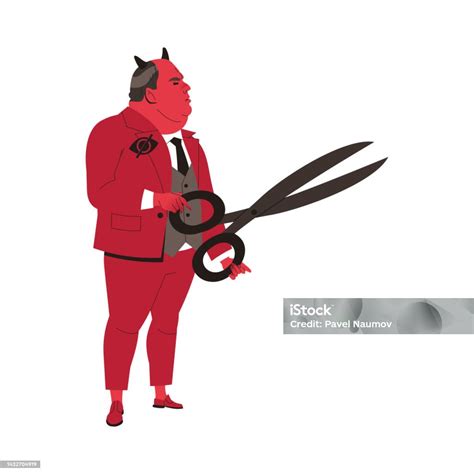 정부와 빅 브라더 벡터 일러스트 레이 션으로 큰 가위를 가진 빨간 뿔이있는 남자 감시에 대한 스톡 벡터 아트 및 기타 이미지